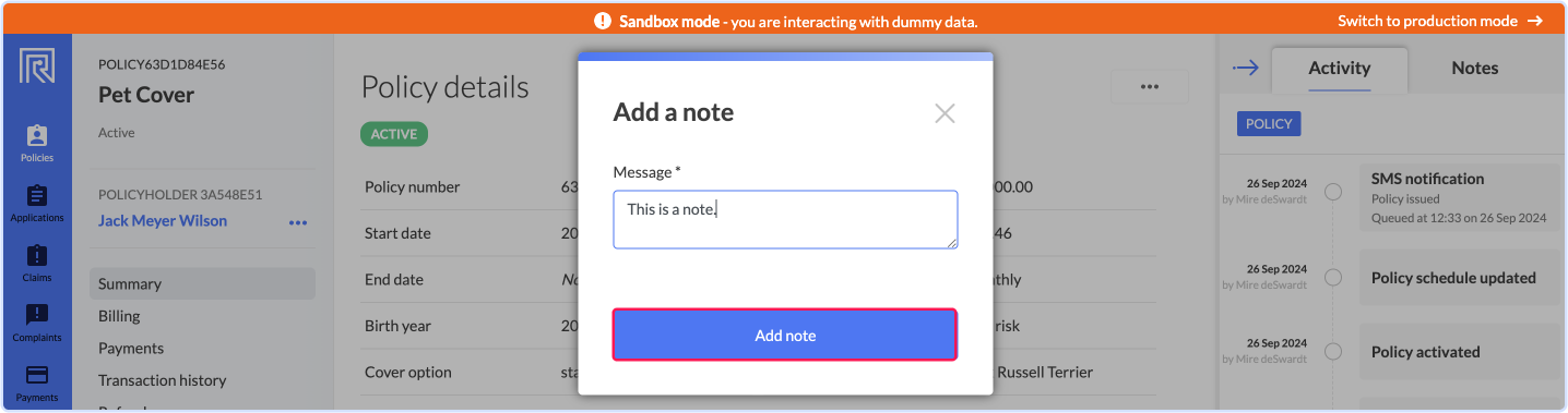 Create a note on a policy – Root Help Centre