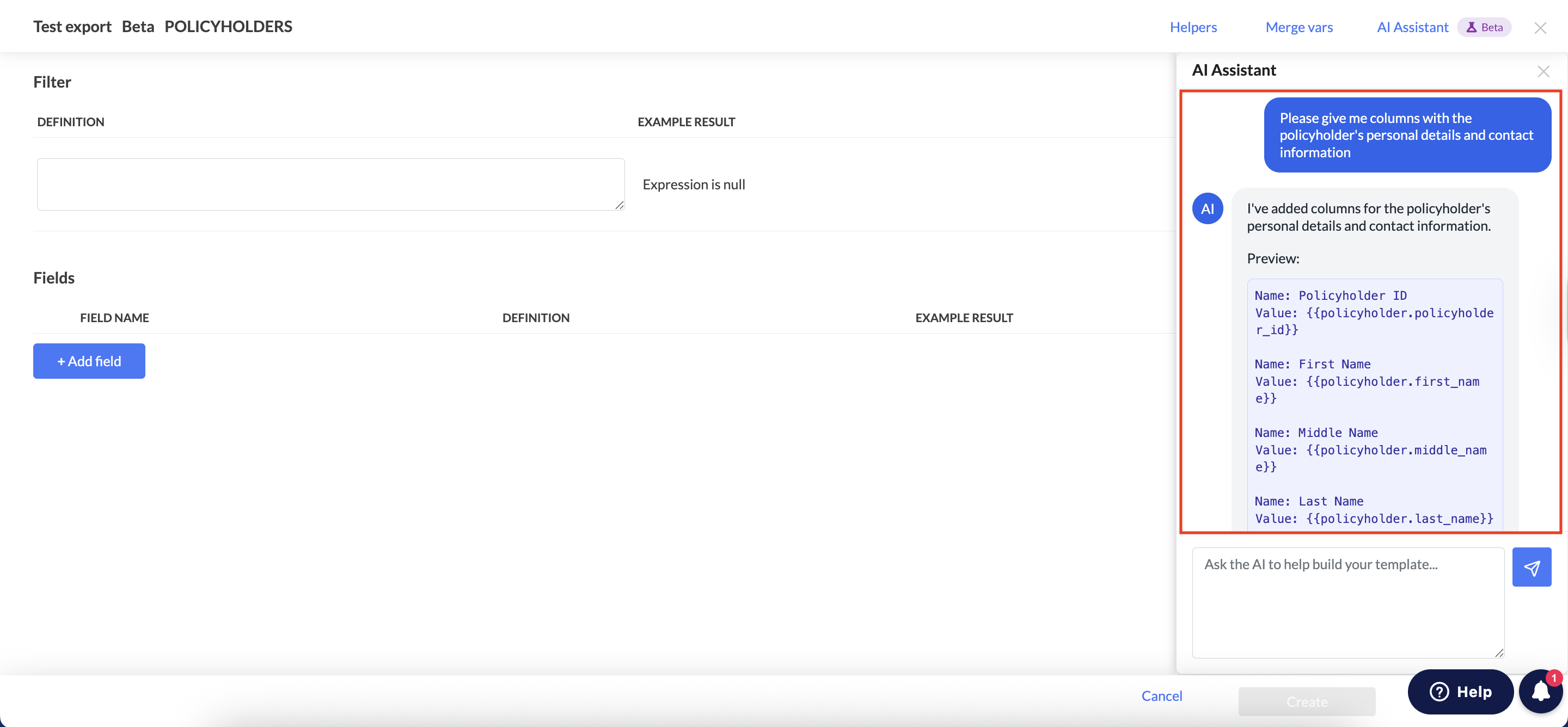 Create data export templates with an AI Assistant – Root Help Centre