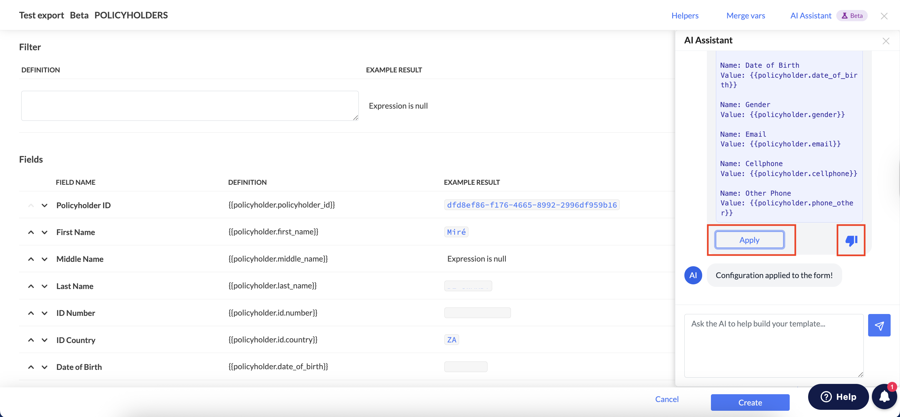 Create data export templates with an AI Assistant – Root Help Centre